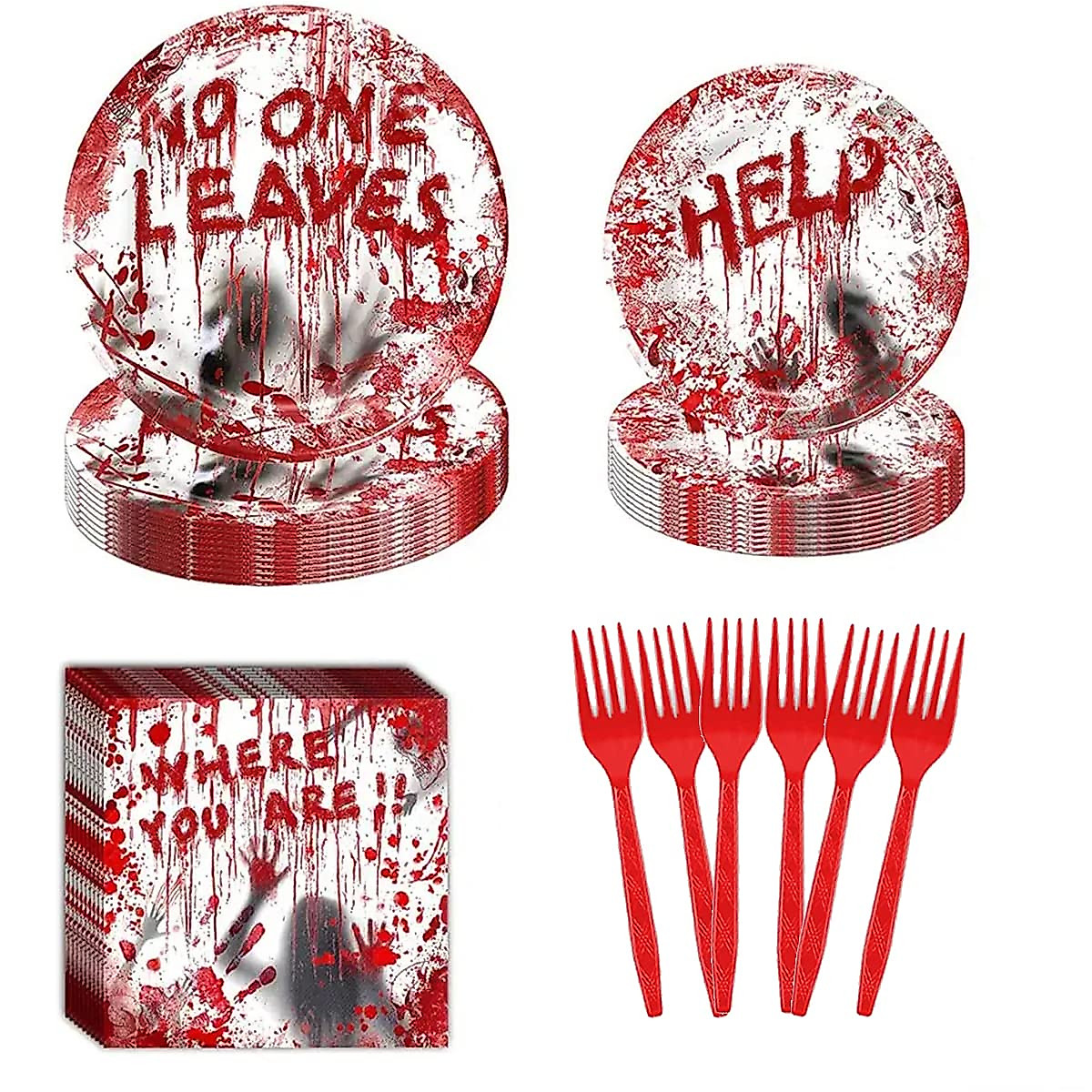 Bloody Good Time Party Tableware Set Halloween Zombie Skull Bloody Party Table Decorations Halloween Party Supplies Table Decorations Paper Plates Napkins Forks for 24 Guests(96 Pcs )