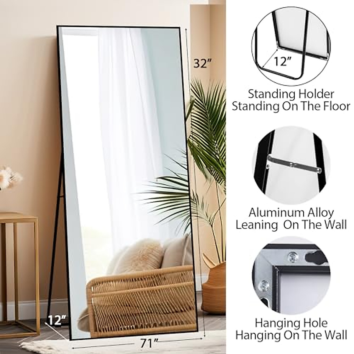 Beauty4U 71" x 32" Large Full Length Mirror with Stand, Black Wall Mounting Full Body Mirror, Metal Frame Full-Length Tempered Mirror for Living Room, Bedroom