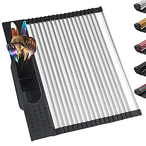 Berglander Gold Dish Drying Rack Over The Sink, L17.5*W 15" Rollable Tianium Golden Plating Stainless Steel Dish Rack with Removable Storage Basket, Perfect for Kitchen Sink