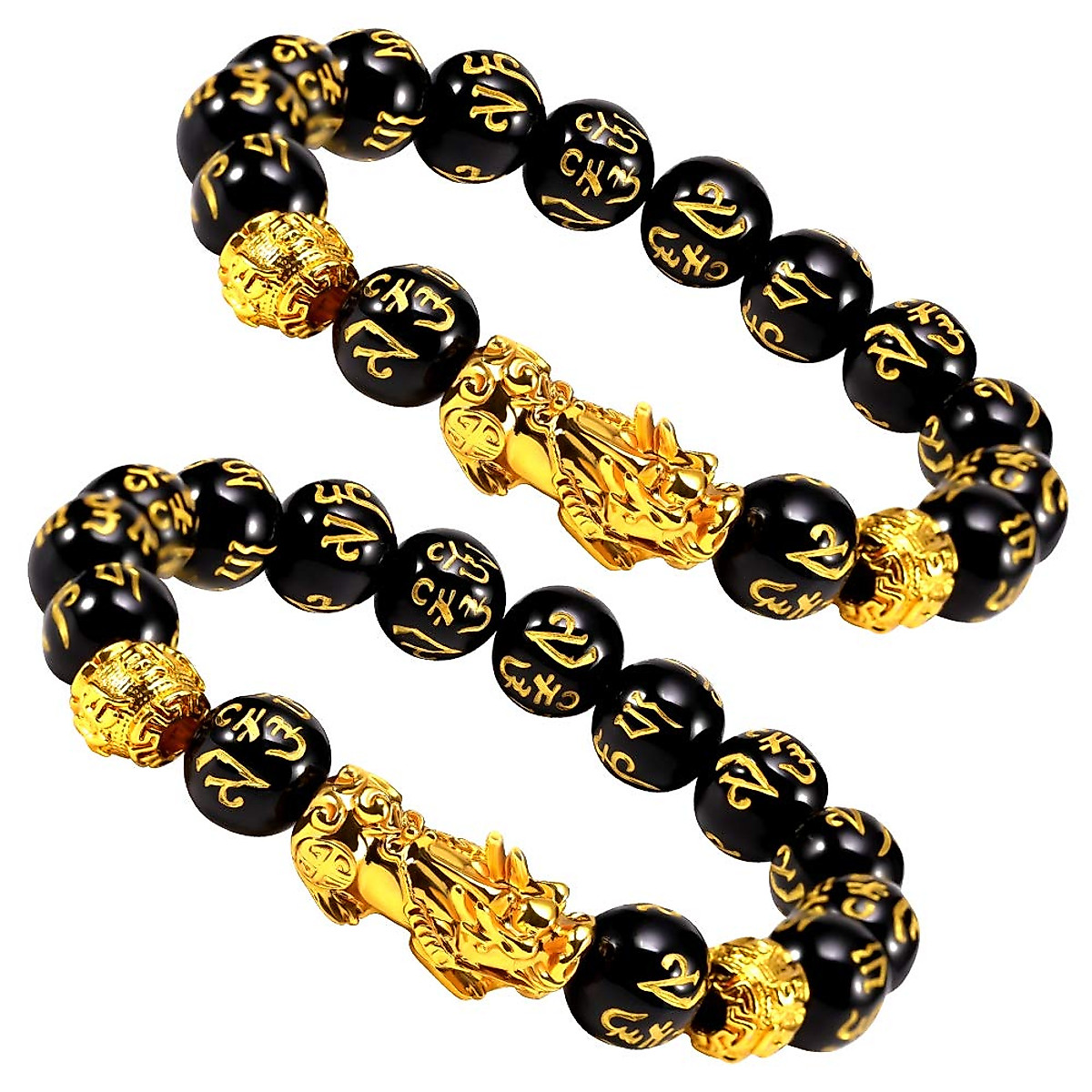 EnjoIt 2Pcs 12mm Hand Carved Mantra Stone Feng Shui Elastic Bracelet Pi Xiu Bracelet Wealth Bracelet for Mens Womens C2239