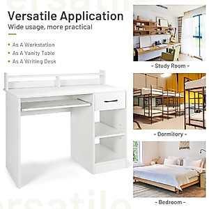 SILKYDRY Computer Desk with Hutch & Keyboard Tray, Home Office Workstation with Drawer, Adjustable Shelves, Modern Vanity Table for Bedroom, Wooden Writing Study Laptop PC Desk (White)