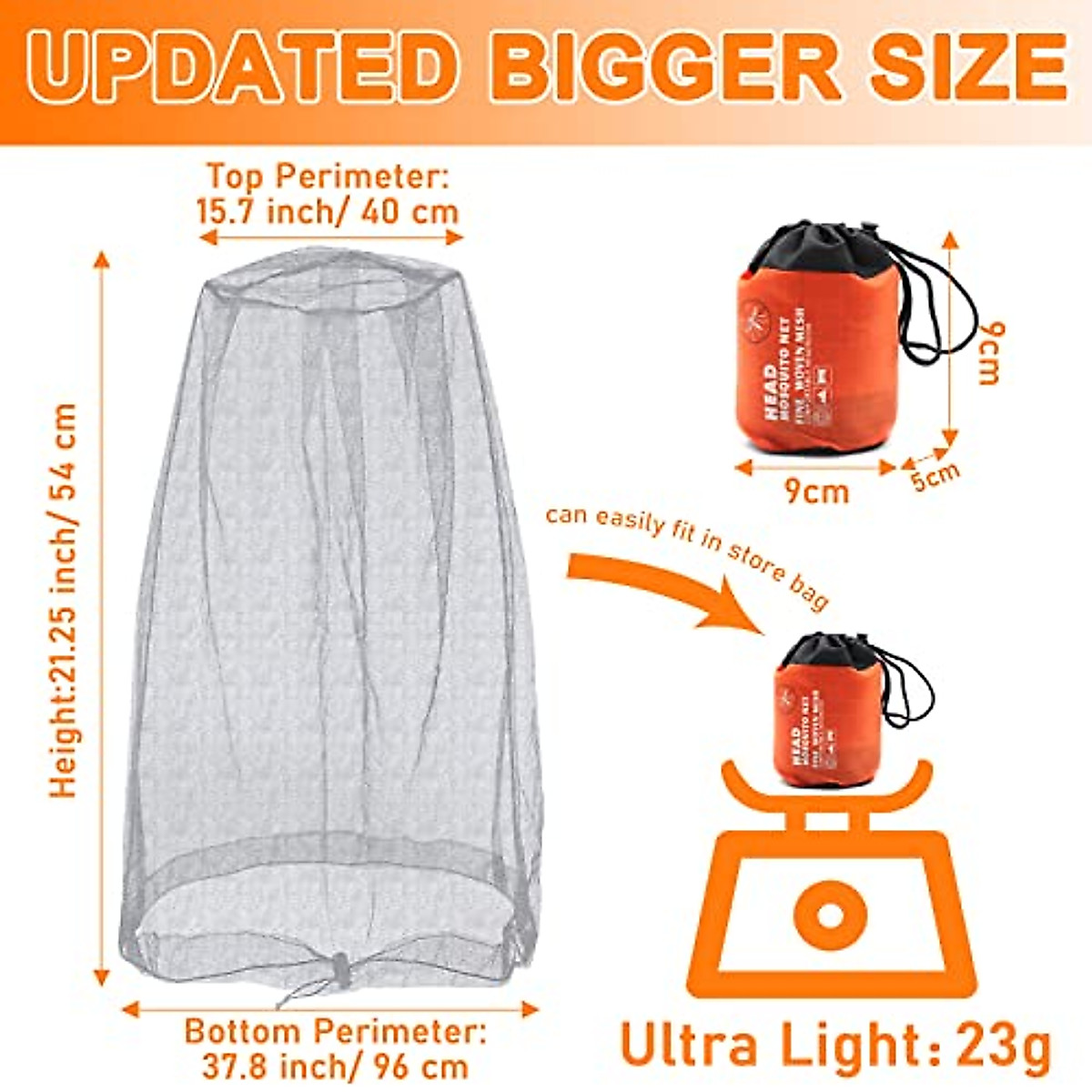 Benvo Mosquito Head Net Mesh, Face Neck Fly Netting Hood from Bugs Gnats Noseeums Screen Net for Any Outdoor Lover- with Carry Bags Fits Most Sizes of Hats Caps (2pcs, Grey, Updated Big Net)