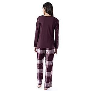Wrangler Women's Jersey Top and Flannel Pant Sleep Pajama Set, Wine/Plaid, X-Large