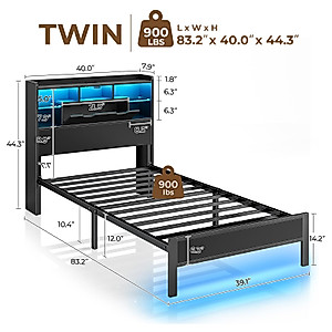 Rolanstar Twin Bed Frame with Charging Station, LED Bed with Bookcase Storage Headboard, Metal Platform Bed with Glass Shelves, No Box Spring Needed, Noise-Free, Black