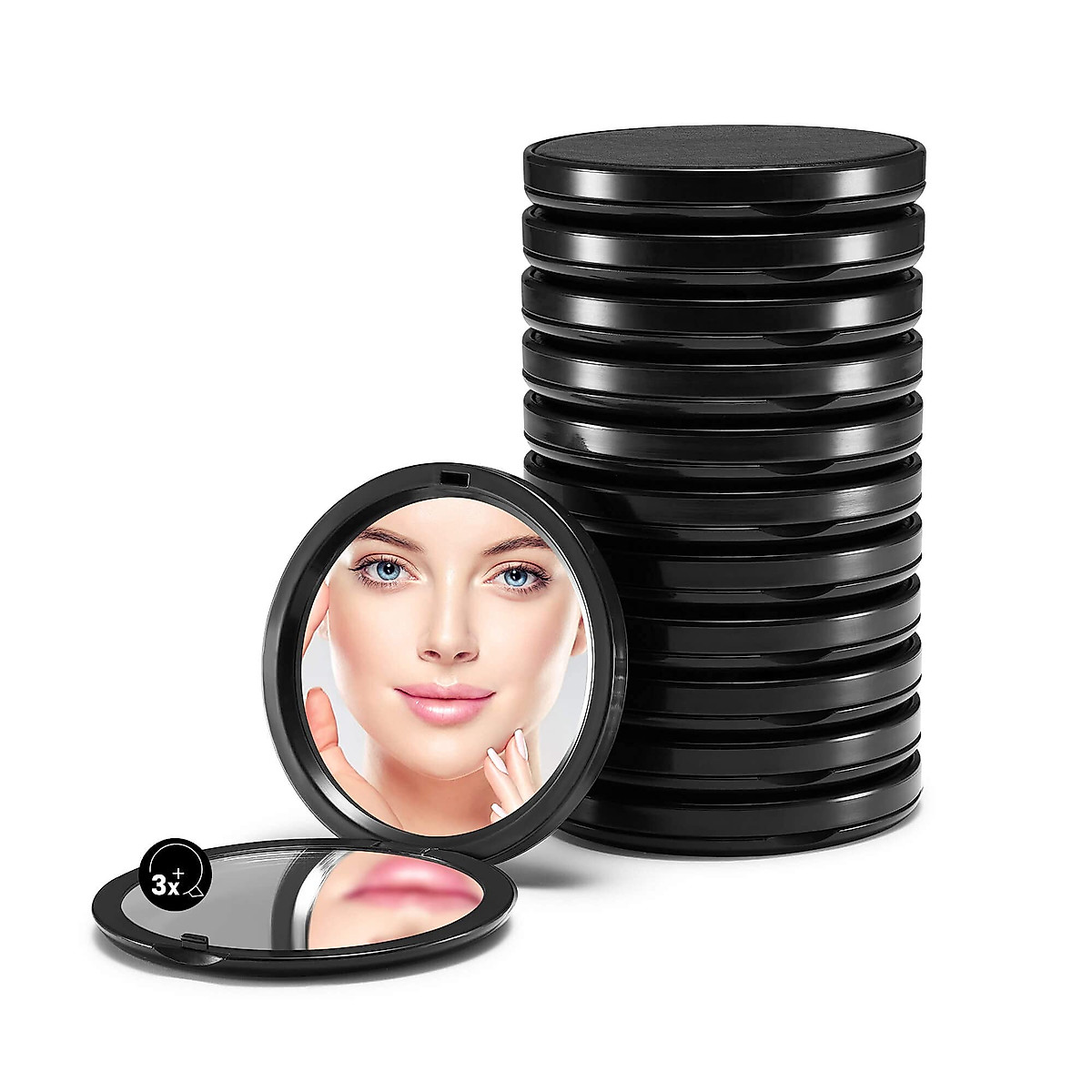 Getinbulk Compact Mirror Bulk, Set of 12 Double-Sided 1X/3X Magnifying PU Leather Round (Black, 2.7inch Diameter)