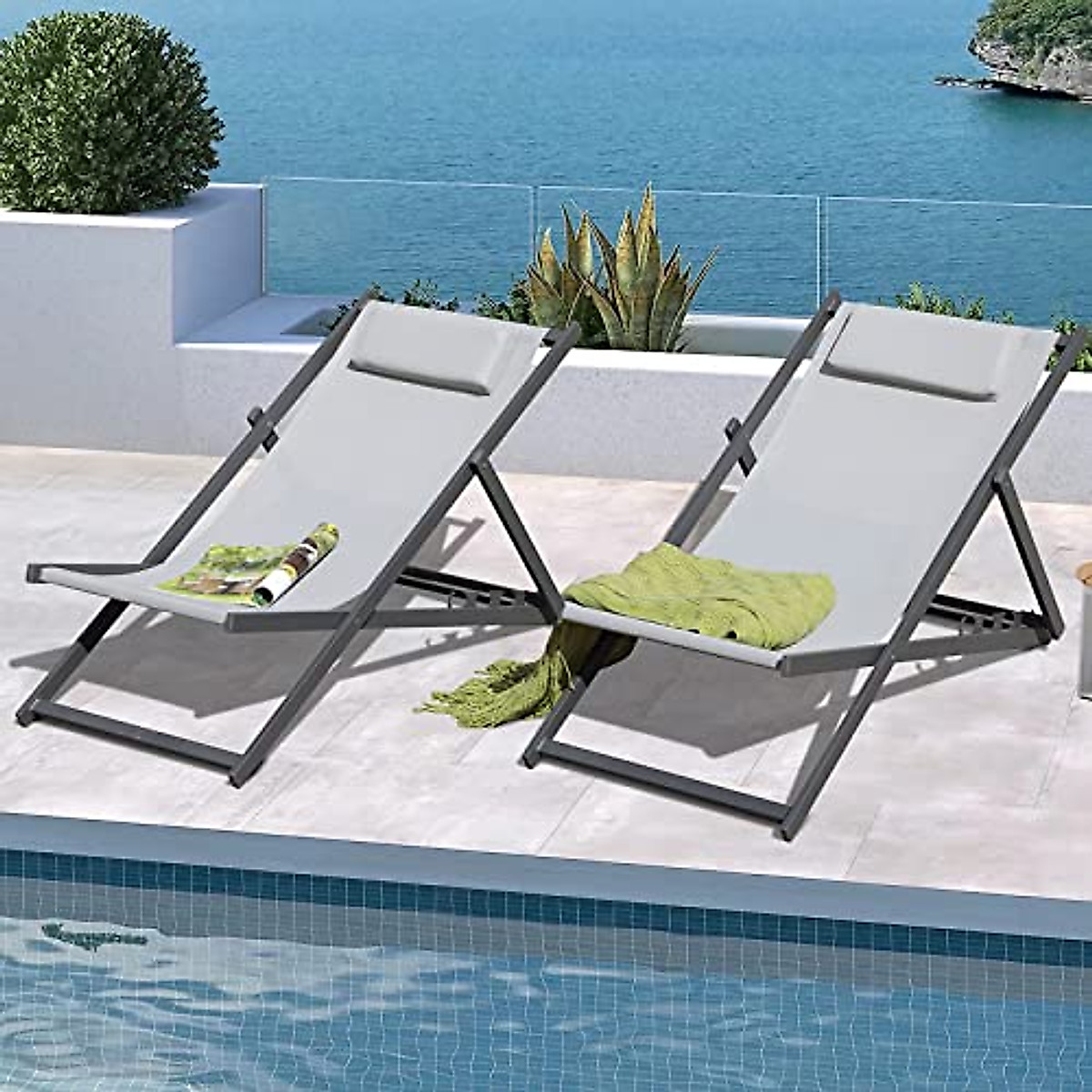 Patiorama Outdoor Folding Beach Sling Chairs Set of 2, Aluminum Patio Lounge Chair, Portable Beach Chairs, Adjustable Reclining Chairs w/Cushioned Headrest for Pool, Dark Grey Frame & Grey Mesh