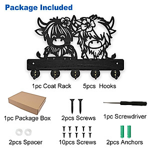 MAYJOYDIY Wooden Calf with Flower Key Holder for Wall 11.8x7.8inch Small Cows Wall Mounted Key Rack Animal Theme Coat Hat Hook 5 Alloy Hooks for Entryway Front Door Hallway Wall Art Decor