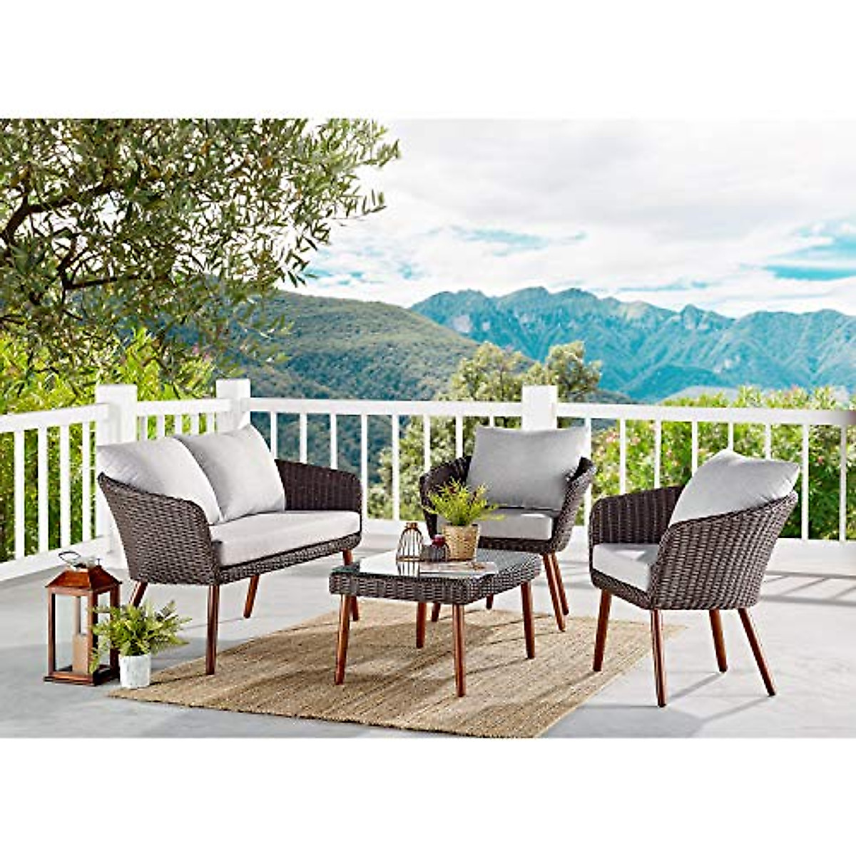 Bolton Furniture Athens All-Weather Wicker Outdoor Conversation 35" L Coffee Table, Set Chairs and Two-Seat Bench, Grey