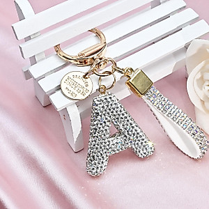 Pink Blue White Initial Letter Keychain Gift for Women Girls Bling Sparkly Cute Backpack Car Key Accessories Lanyard ﻿(A-white diamond)
