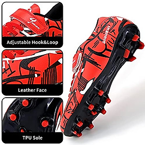 Rhyme-Zeal Kids Soccer Cleats Shoes Boys Girls Athletic Outdoor Indoor Firm Ground Soccer Shoes Comfortable Outdoor Football Shoes Red
