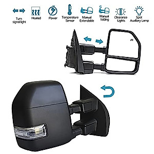 BOOLEE Towing Mirrors fit for 2017 2018 2019 2020 Ford F250 F350 F450 F550 Super Duty Turn Signal Light Temperature Sensor Heated Power Auxiliary Light Black Housing