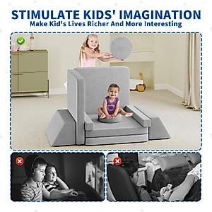 Neoriver Modular Kids Play Couch 10Pcs, 65.4" Kids Couch for Playroom Bedroom, Multifunctional Modular Toddler Couch, Over 10 Combinations Creative Sofa for Imaginative Kids -Grey