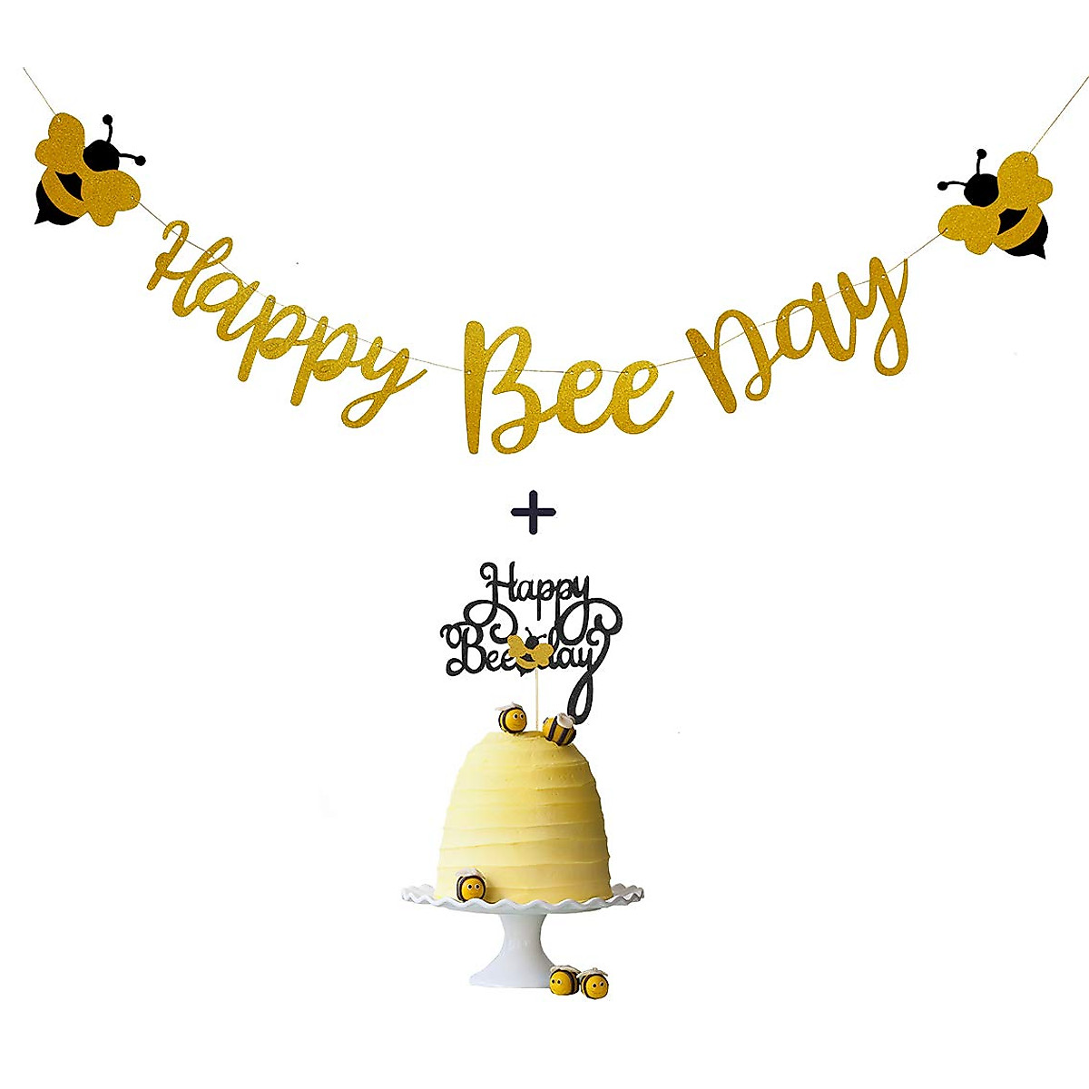 Happy Bee Day Banner and Gold Glitter Happy Bee Day Cake Topper for Bumble Bee Themed Birthday Party Supplies by Topfun