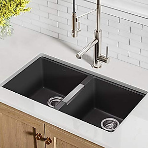 Kraus KGU-434B Undermount 50/50 Double Bowl Granite Kitchen Sink, 32.5-Inch, Black