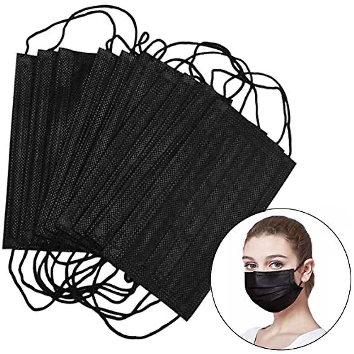 Black Disposable Face Masks, 100Pcs Adult Face Mask 3 Ply Safety Mouth-Cover with Elastic Earloops, Breathable Face Protection for Men & Women,non-medical