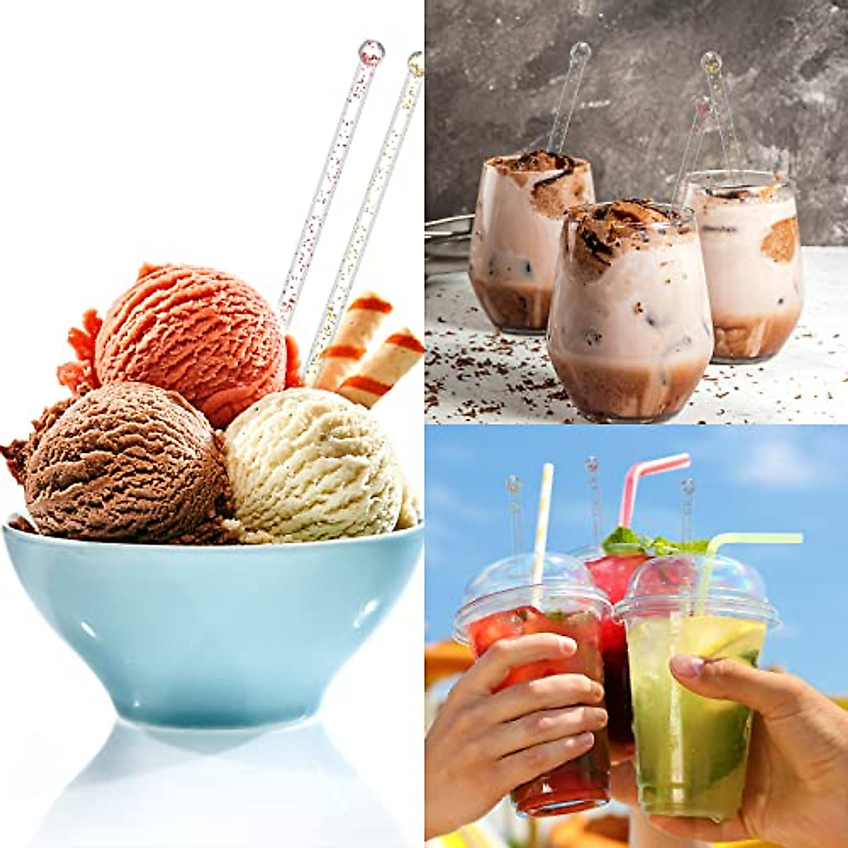 100 Pieces Disposable Plastic Round Top Crystal Swizzle Sticks Glitter Plastic Swizzle Sticks Cocktail Coffee Drink (Silver, Gold, Red)