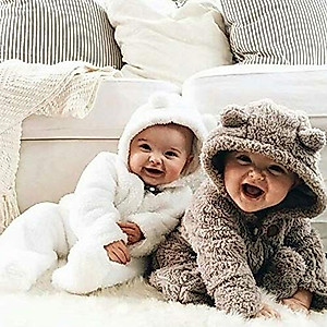 LXXIASHI Newborn Infant Unisex Baby Thicken Fleece Coveralls Romper Hooded Footies Bunting Snowsuit Outfit (Brown, 12-18 Months (New)