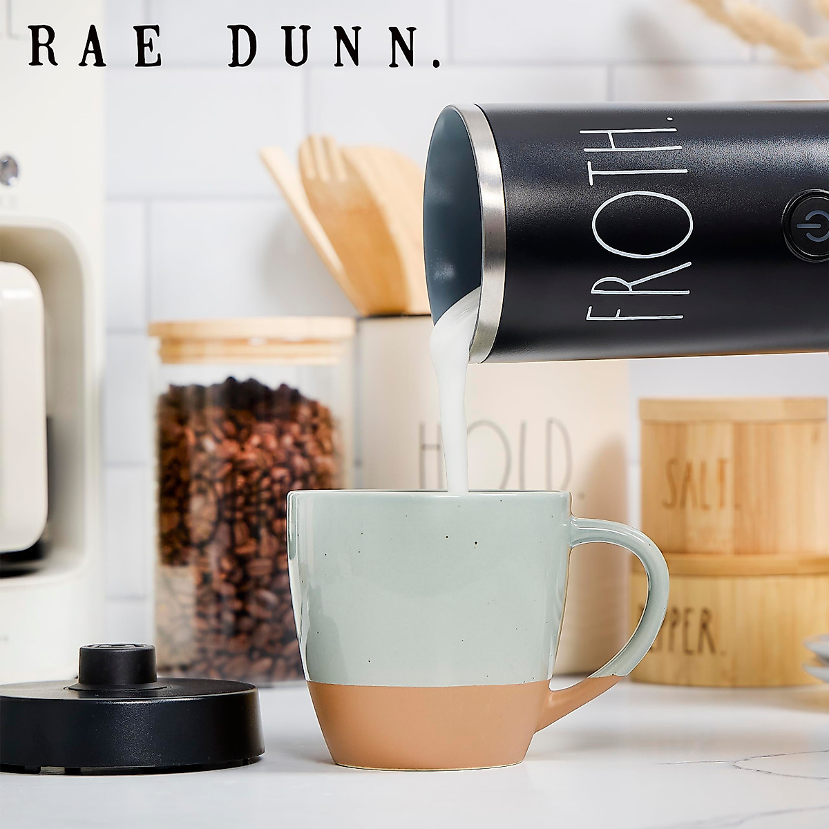 Rae Dunn Electric Milk Frother Steamer -Stylish Automatic Milk Steamer and Frother, Milk Warmer, Hot and Cold Foam Maker for Coffee, Latte, Cappuccino, Macchiato - 550 Watt (Black)