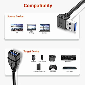 WILLIZTER Short USB 3.0 Extension Cable, 2 Pack SuperSpeed USB 3.0 Angle Male to Female Extension Cable 6 Inch Convertor Adapter Extender Cord Up Angle and Down Angle one Each