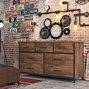 IKENO 7 Drawer Dresser for Bedroom, Industrial Wood Storage Dressers & Chests of Drawers with Sturdy Steel Frame, Storage Organizer for Bedroom Office Wood, Walnut