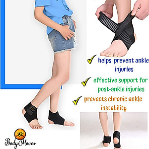 BodyMoves Kid's Ankle Brace Support Plus Hot and Cold Ice Pack (Sporty Black, Small for Little Kids (US 12-3))