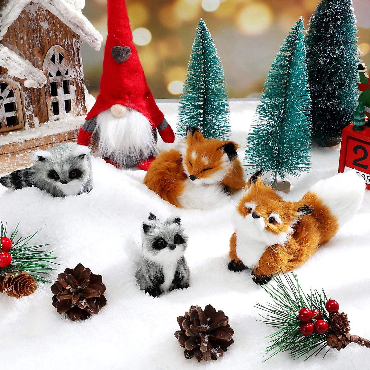 Deekin 4 Pcs Mini Simulation Fur Toy Christmas Animal Decoration Cute Furs Plush Raccoon Fox Squatting Sleeping Animals World with Static Action Figures for Home Office Desktop Decor