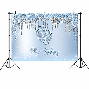7x5ft Oh Baby Backdrops Baby Shower Background for Boy Oh Boy Little Feet Backdrop for Photography Glitter Blue Baby Shower Boys 1st Birthday Party Decor It's A Boy Baby Shower Banners Photo Props