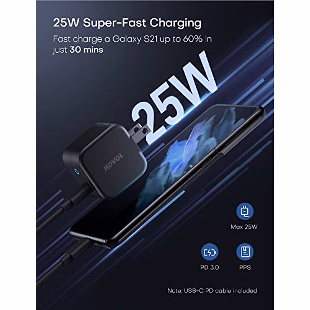 USB C Fast Charger, KOVOL Sprint 25W Super Fast Charger, Foldable Type C Wall Charger PPS PD for Samsung Galaxy S21/S21+/S21 Ultra/S20/Note 20/iPad Pro/iPhone, and More (5ft Charging Cable Included)