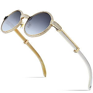 HEPIDEM 100% Really Buffalo Horn Luxury 720pcs Diamonds Sunglasses (White Frame Gradient Gray Lens)