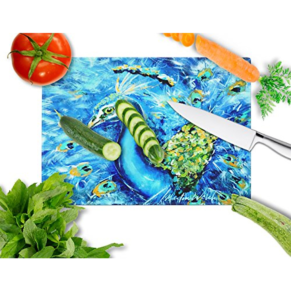 Caroline's Treasures MW1166LCB Peacock Straight Up in Blue Glass Cutting Board Large Decorative Tempered Glass Kitchen Cutting and Serving Board Large Size Chopping Board