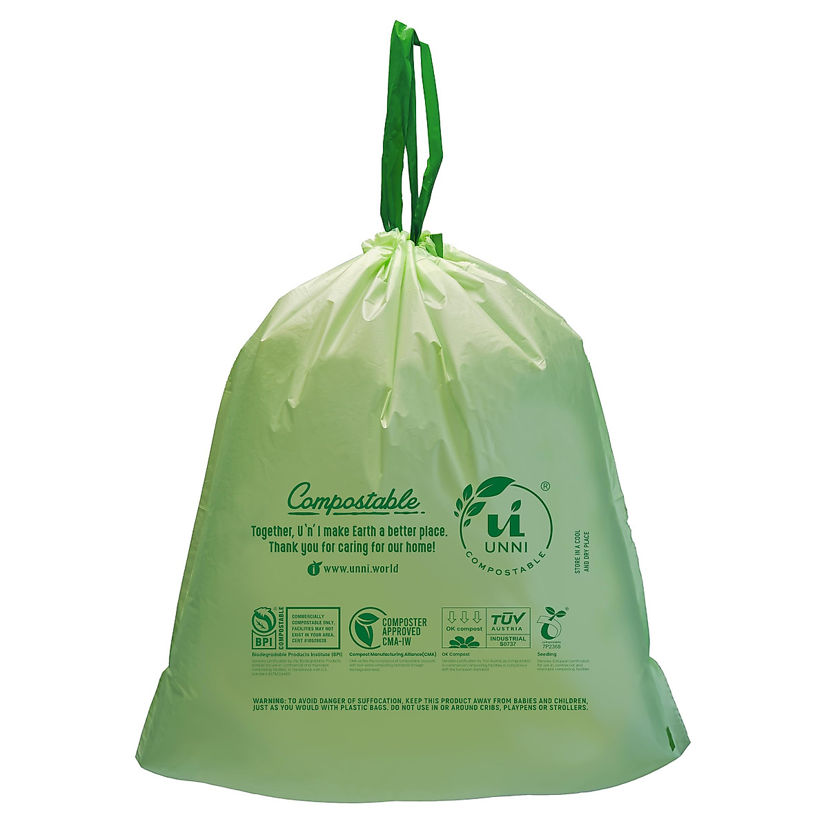 UNNI Compostable Drawstring Bags, 1.2 Gallon, 4.5 Liter, 80 Count, Heavy Duty 1 Mil, Samll Kitchen Food Scrap Waste Bags, ASTM D6400, US BPI, CMA and Europe OK Compost Certified, San Francisco