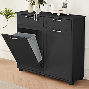 Tilt Out Trash Cabinet 10 Gallon, Trash Can Cabinet with 2 Drawers, Double Freestanding Trash Cabinet, Recycling Cabinet for Laundry, Kitchen, Living Room, Bathroom, Bedroom (Black)