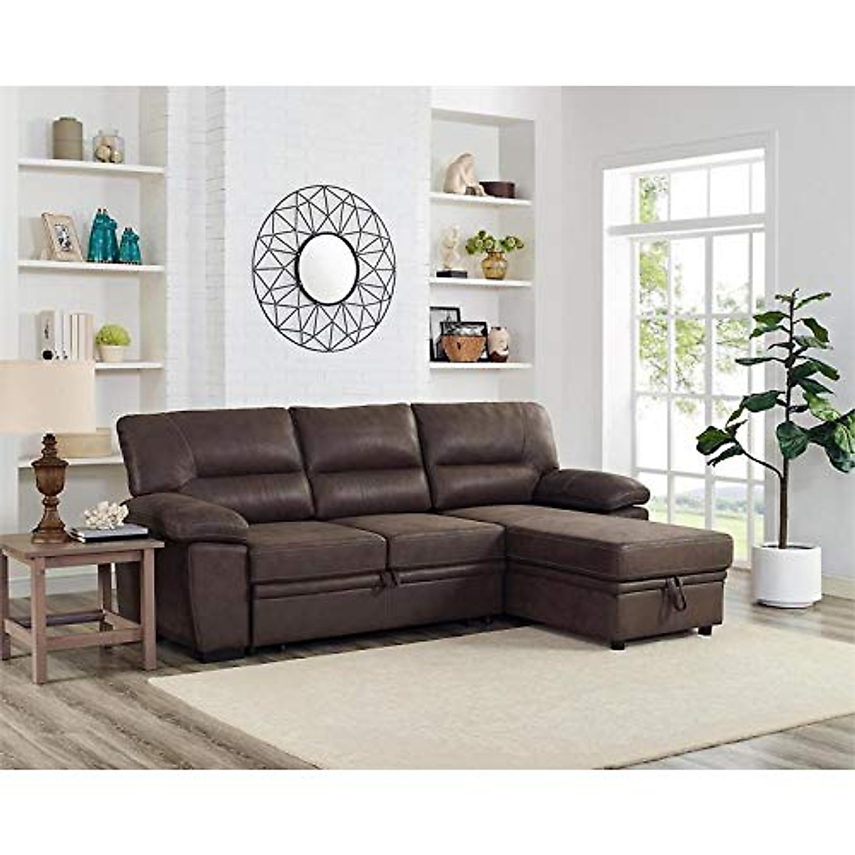 BOWERY HILL Contemporary Saddle Brown Microfiber Reversible Sleeper Sectional Sofar with Storage