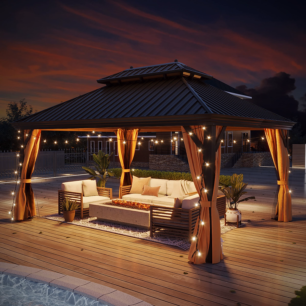 GAZEBEST 12' X 16' Hardtop Gazebo, Outdoor Galvanized Steel Double Roof Permanent Aluminum Frame Pavilion Pergola Canopy with Privacy Curtains for Garden, Patio, Backyard, Deck and Lawns.