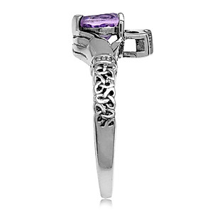 Silvershake Natural Heart Shape Amethyst 925 Sterling Silver Irish Claddagh and Triquetra Celtic Knot Ring Size 5