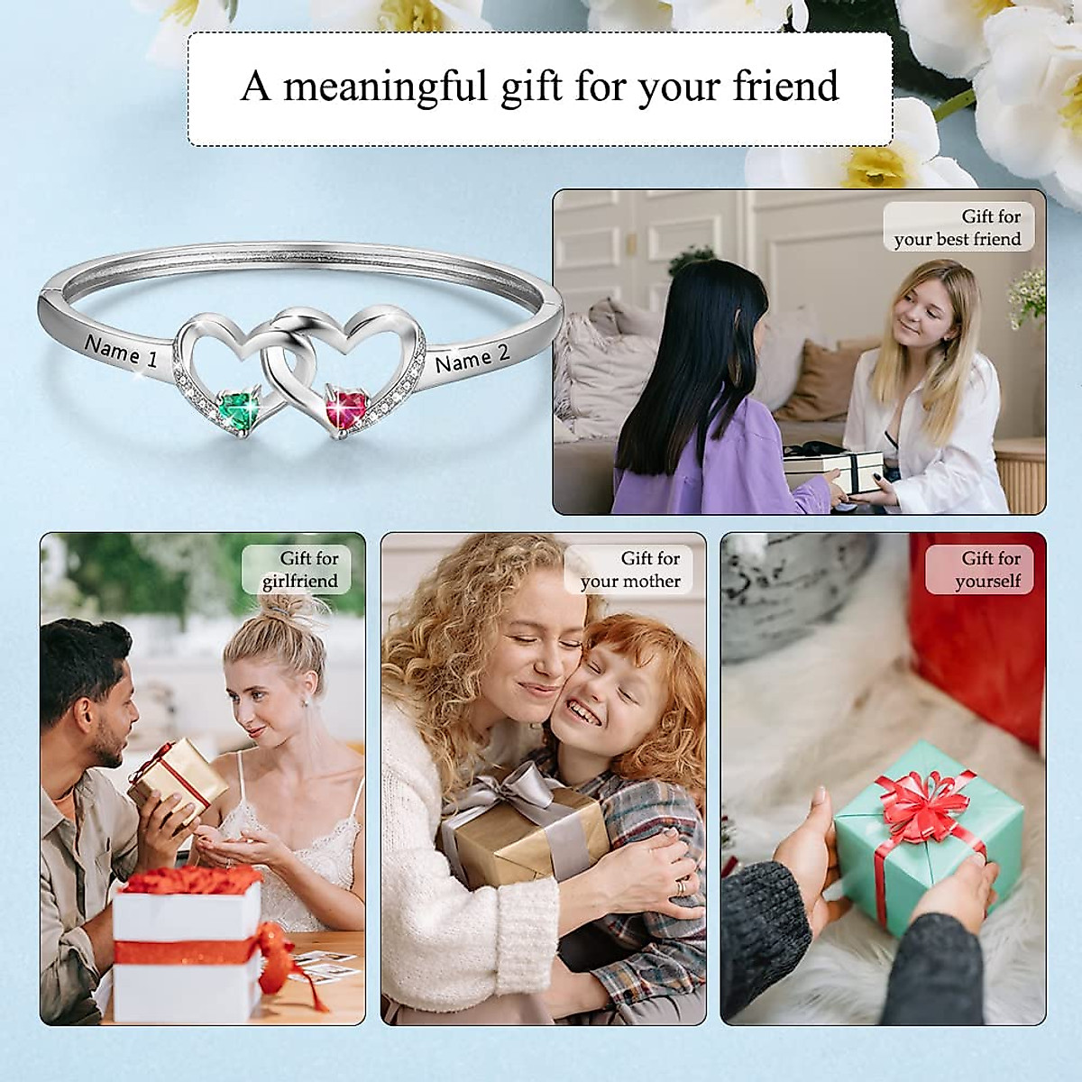 Fortheday Personalized Birthstone Bracelets for Women Infinity Love Heart Charm Name Bracelet with 1-8 Birthstones Christmas Gifts for Women Mom Daughter Wife Grandma