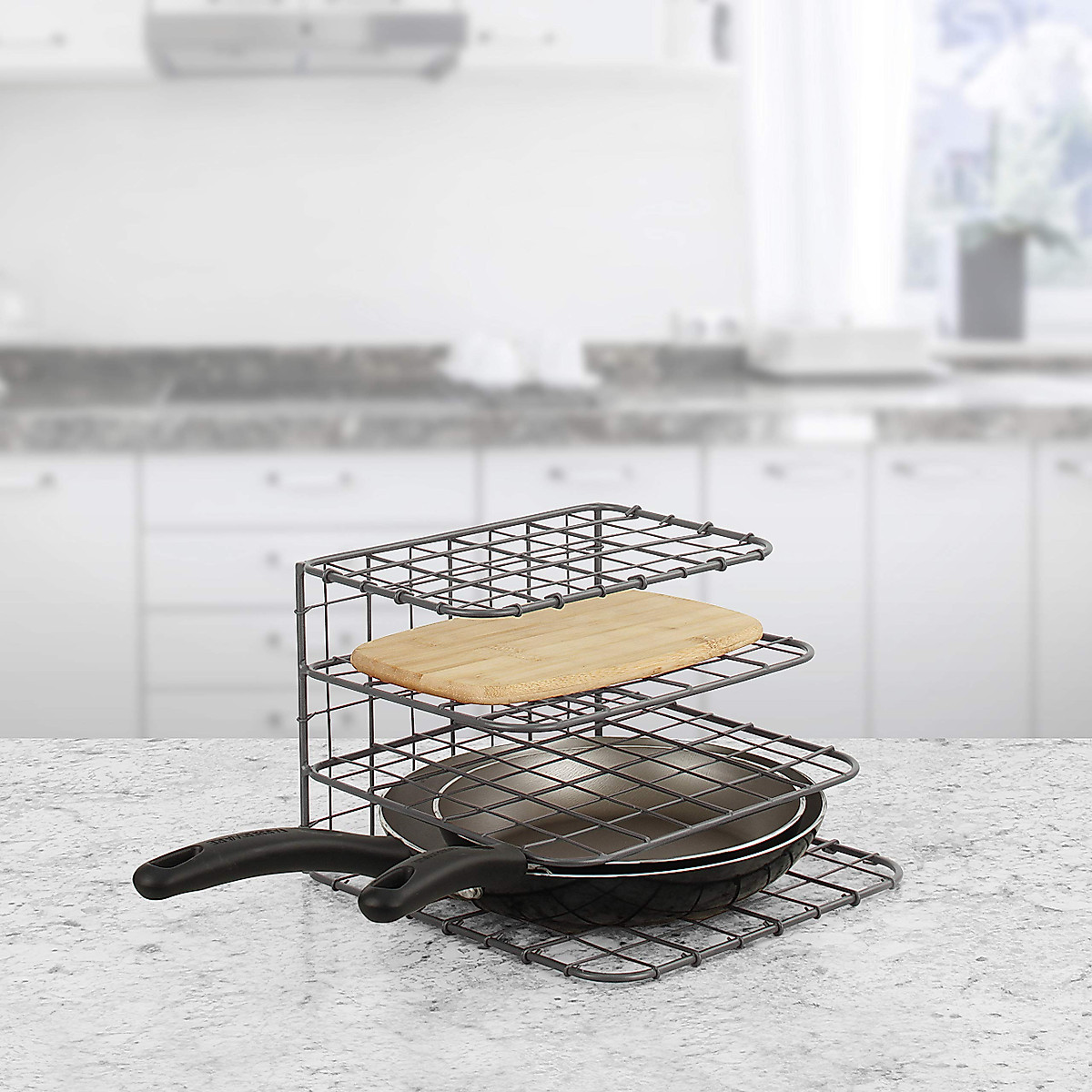 Spectrum Diversified Vintage Cabinet & Countertop Cookware & Bakeware Plate Rack & Lid Holder, Bakeware & Pan, Rustic Farmhouse Kitchen Cabinet Organizer, Rack, Industrial Gray