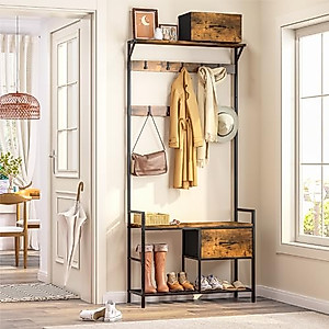aboxoo Hall Tree with Storage Bench, Coat Rack, 2-Tier Shelves, Fabric Storage Basket, 10 Hooks, Industrial 5 in 1 Large Organizer, Wood Look Accent Furniture-Sturdy Metal Frame (Rustic Brown)