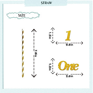 Happy 1st Birthday Straws, Gold Glitter 1 Year Old Paper Straws, 1st Anniversary/Birthday Party Drinking Decorative Straws - 24pcs