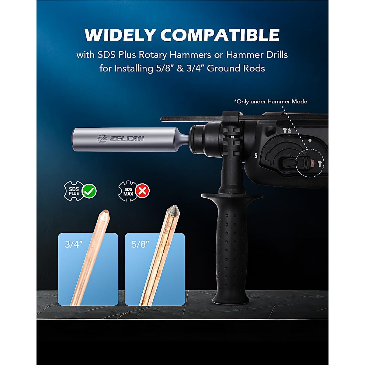 ZELCAN SDS Plus Ground Rod Driver, Heavy Duty Ground Rod Bit Driver for 5/8 Inch & 3/4 Inch Grounding Rods, Compatible with Bosch Dewalt Milwaukee Hilti and All SDS-Plus Rotary Hammer Drills