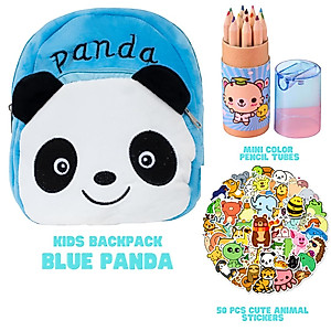 Kids Small Backpack Set - Animal Plush Backpack For Kids - Cute & Functional With Fun Accessories - Includes Cartoon Stickers and Mini Color Pencil Tubes - (Blue Panda)