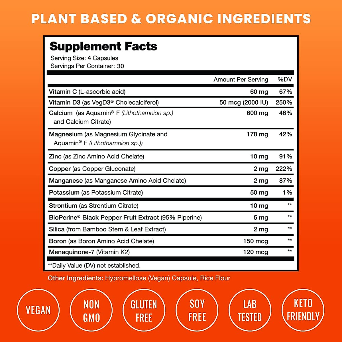 Bone Strength Supplements | Plant Based Calcium Supplement 600mg | Vitamin D3 2000 IU, K2, Magnesium, Potassium, Zinc, Boron & Strontium | Whole Food Supplement for Bone Health | 120 Vegan Capsules