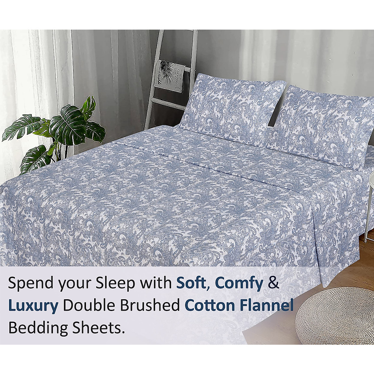 RUVANTI Flannel Sheets Full Size - 100% Cotton Brushed Flannel Bed Sheet Sets - Deep Pockets 16 Inches (fits up to 18") - All Seasons Breathable & Super Soft - Warm & Cozy - 4 Pcs - Aura