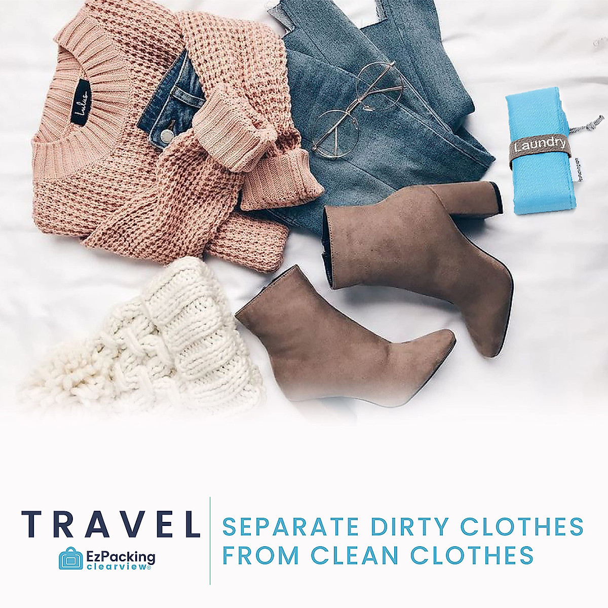 EzPacking Travel Laundry Bag with Drawstring/Foldable Compact Lightweight Small Travel Size for Suitcase / (22” X 16”) / Clean Dirty Clothes Wash Bag/Nylon Blue/Washable/For Women Men Kids Baby