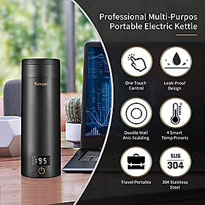 Travel Electric Tea Kettle Portable Small Mini Coffee Kettle, with 4 Variable Presets, Personal Hot Water Boiler 304 Stainless Steel with Auto Shut-Off & Boil Dry Protection, BPA-Free Black