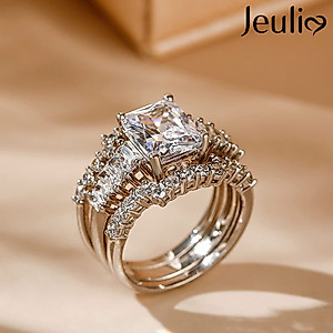 Jeulia 3 PC Wedding Ring Set 5.2ct Radiant Cut Moissanite Engagement Ring for Women 925 Sterling Silver Ring Cubic Zirconia Diamond Eternity Bands Anniversary Promise Ring Bridal Set (6)