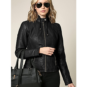 Made By Johnny MBJ WJC1044 Womens Faux Leather Quilted Motorcycle Jacket with Hoodie L BLACK