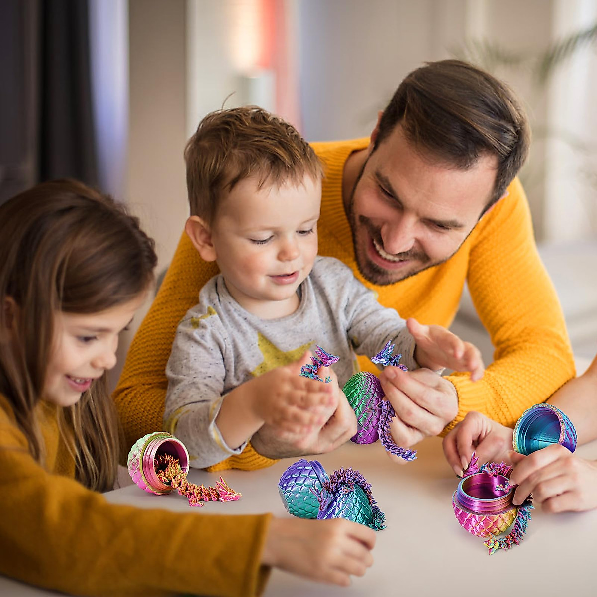 YILCER 4PCS 3D Printed Dragon Eggs with Dragon Inside Easter Basket Essentials Prefilled Easter Eggs with Toys Mini Easter Basket Stuffers Mystery Dragon Egg Fidget Toy 3D Printed Animals Toy