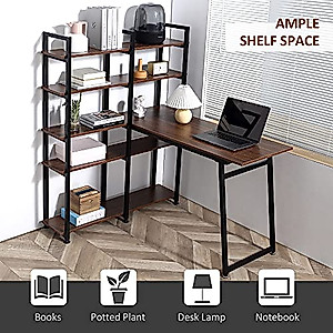 HOMCOM 5 Tier Versatile L-Shaped Computer Desk, Writing Table with Display Shelves and Metal Frame, Space-Saving for Study, Home Office, Walnut