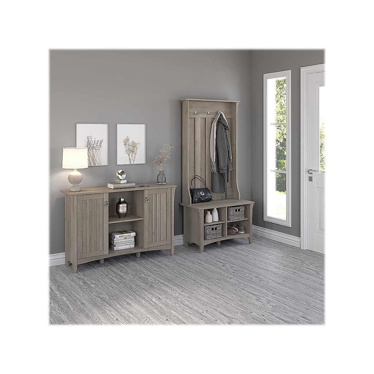 Bush Furniture Salinas Entryway Storage Set with Hall Tree, Shoe Bench and Accent Cabinet in Driftwood Gray